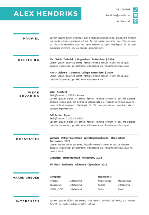 Creatief CV Template voor Student of Starter | De Leydsche